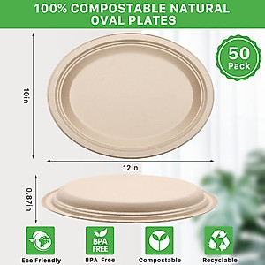 50 Pack Oval Paper Plates,100% Compostable Paper Plates,12 inch Paper Plates Heavy Duty,Disposable Paper Plates,Natural Bagasse Unbleached Eco-Friendly Sugarcane Plates for BBQ Party Picnic Gathering