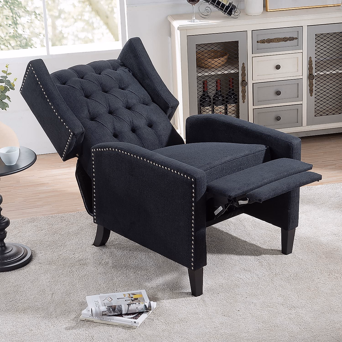 Black Fabric Recliner Chair for Adults Accent Wingback Chair Mid-Century Modern Recliner Tufted Chairs Living Room Armchair for Bedrooms Reading Recliner 27" Wide