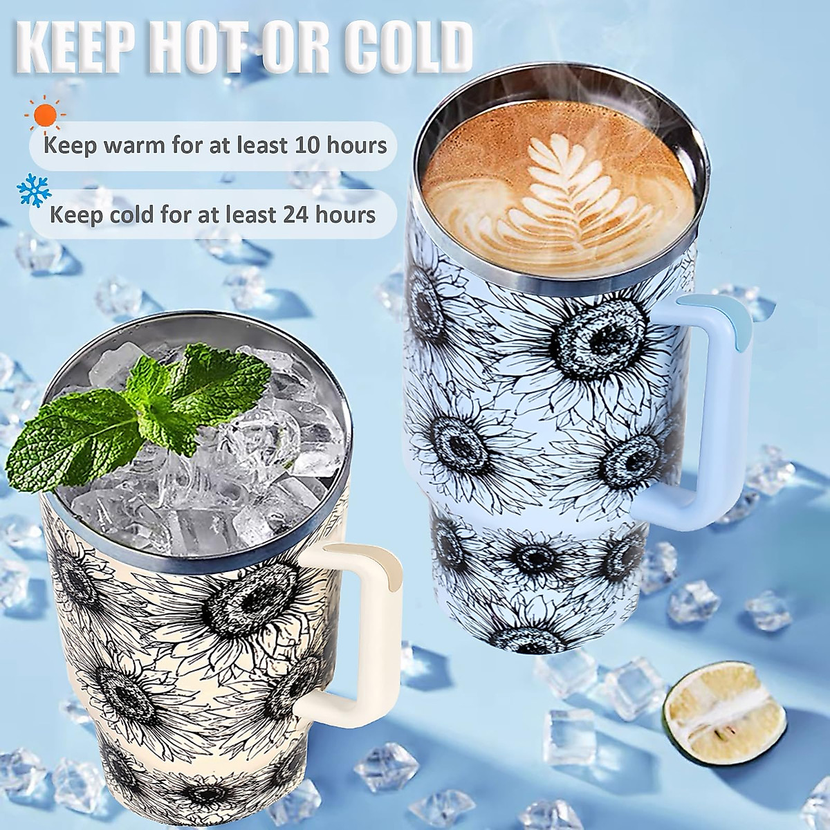 WEXINBF 40oz Tumbler With Handle And Straw Lid, Double Wall Vacuum Insulated Tumbler for Hot or Cold Drink, Stainless Steel Water Bottle Travel Mug, Large Iced Coffee Cup (Hot Pink Sunflower)