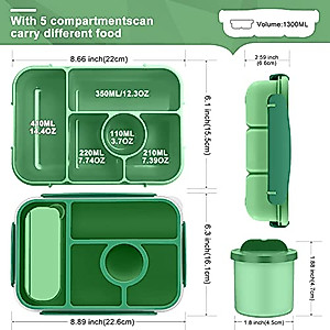 Demiue Lunch Box Kids,Bento Box Adult Lunch Box, Bento Lunch Containers for Adults/Kids/Toddler,5 Compartments with Sauce Vontainers,Microwave & Dishwasher & Freezer Safe,BPA Free(Green)