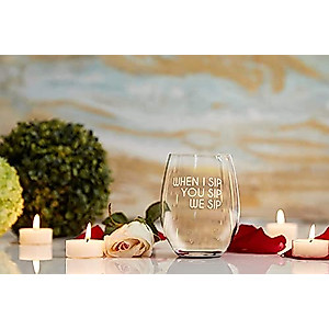 Lushy Wino – When I Sip, You Sip, We Sip. Cute, Novelty, Etched Stemless 16-Ounce Wine Glass with Funny Sayings in Gift Box