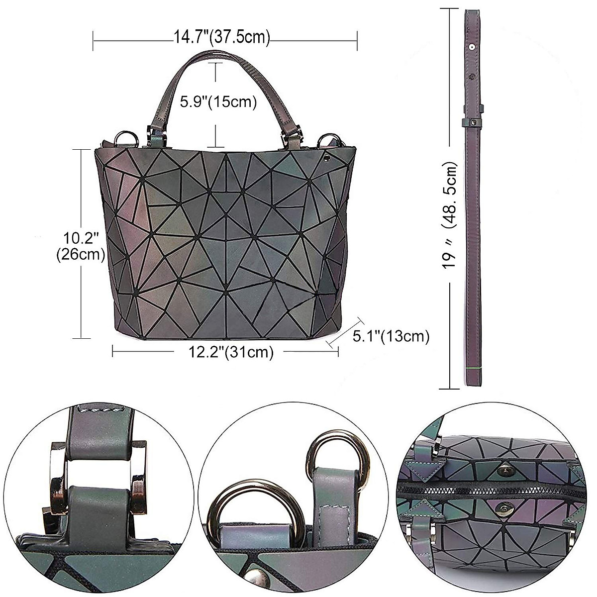 Geometric Luminous Purses and Handbags Holographic Reflective Crossbody Bag Irredescent Flash Rainbow Tote (MO.3)