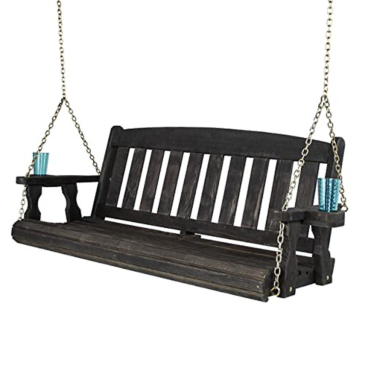 Amish Casual Heavy Duty 800 Lb Mission Treated Porch Swing with Hanging Chains and Cupholders (5 Foot, Semi-Solid Black Stain)