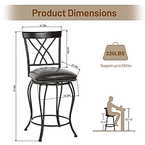 FurnitureR Classic Barstools Set of 2, Elegant Metal Back and Footrest Swivel Counter Height Bar Stools for Kitchen Island Pub, Bistro, Restaurant - Black (24 Inch)