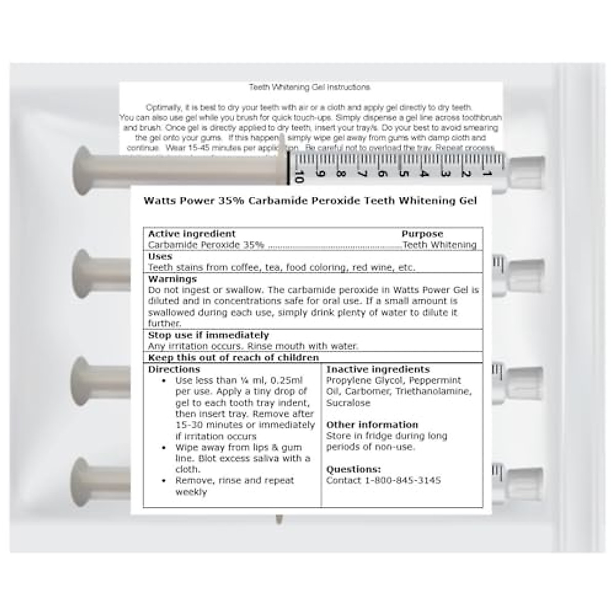 Watts Power 35% Dual Action Teeth Whitening Gels Huge 10ml - 4 Huge 10ml Gels Plus Aftercare Gel - Optimized OTC Dual Action for Surface and Deep Stains for Quick Results - Made in The USA - Kosher