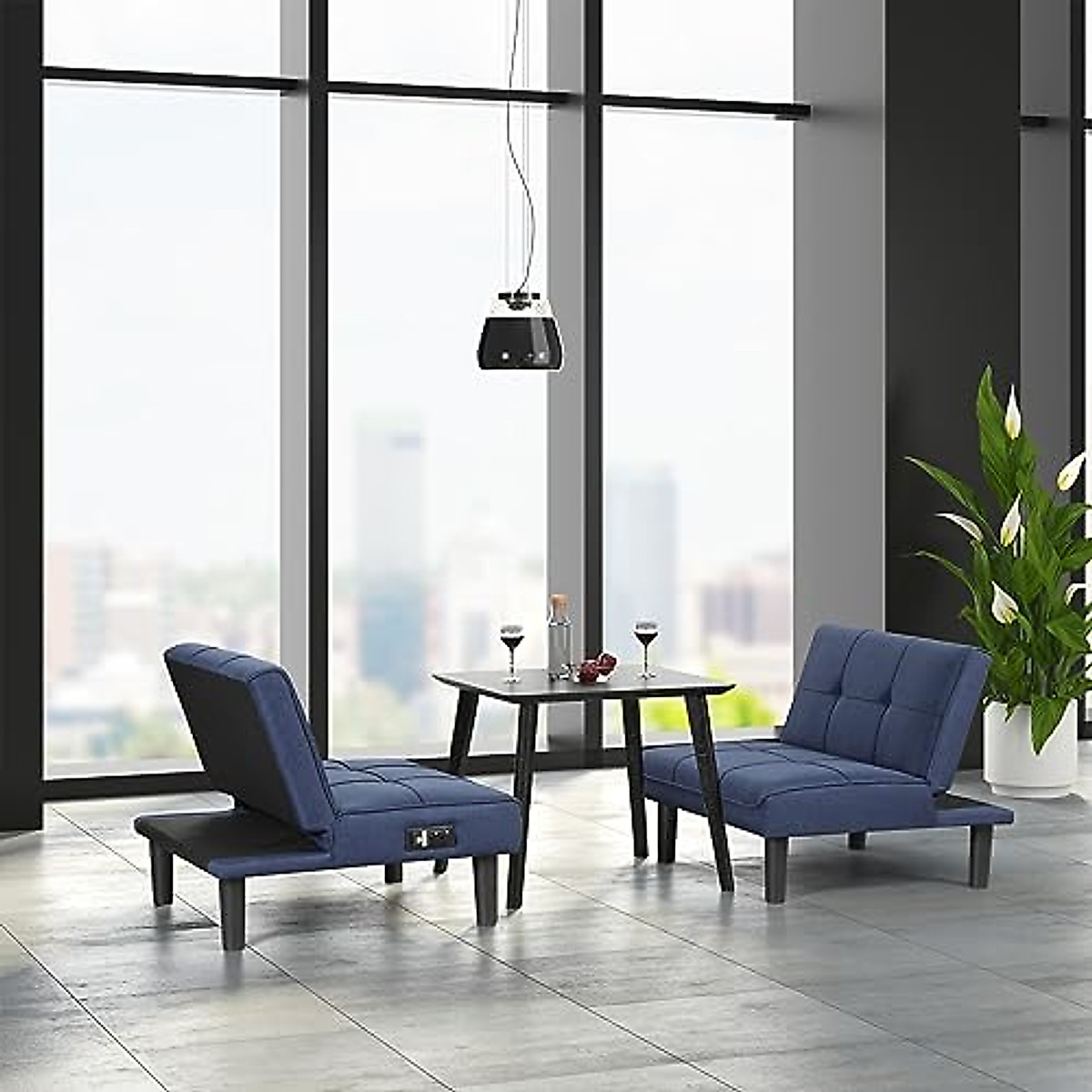 JUBILOOM Comfy Mini Couches, Small Recliner Futon with Adjustable Backrest (USB Ports), Single Mini Couch Small Space, Recliner Chairs for Living Room, Bedroom, Home, Blue, 1Pack, 306BL1USB