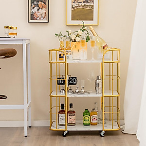 Giantex Gold Bar Cart, Home Island Service Cart, 3 Tier Storage Shelves with Guardrail, Imitation Marble Top, Kitchen Utility Trolley on Wheel Lockable for Dining Room Wine Coffee Bar White (1)