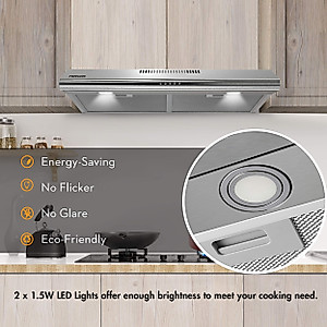 FIREGAS Under Cabinet Range Hood 30 inch, Ducted/Ductless Convertible Kitchen Hood Over Stove Vent, LED Light, 3 Speed Exhaust Fan, Reusable Aluminum Filters, Push Button, with Charcoal Filter