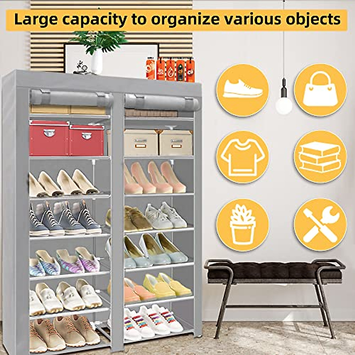 ERONE Shoe Rack Storage Organizer, 28 Pairs Portable Double Row with Nonwoven Fabric Cover Shoe Rack Cabinet for Closet