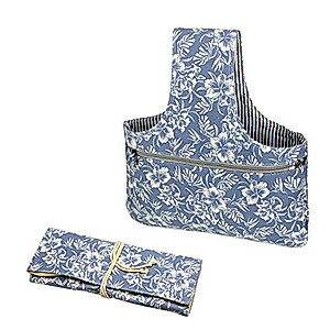 Teamoy 2 Pack Canvas Knitting Tote Bag and Knitting Needles Roll Holder for Yarn, Knitting Needles(14 Inches), Supplies and More, Perfect Size for Knitting on The Go(Large,Blue Flowers)