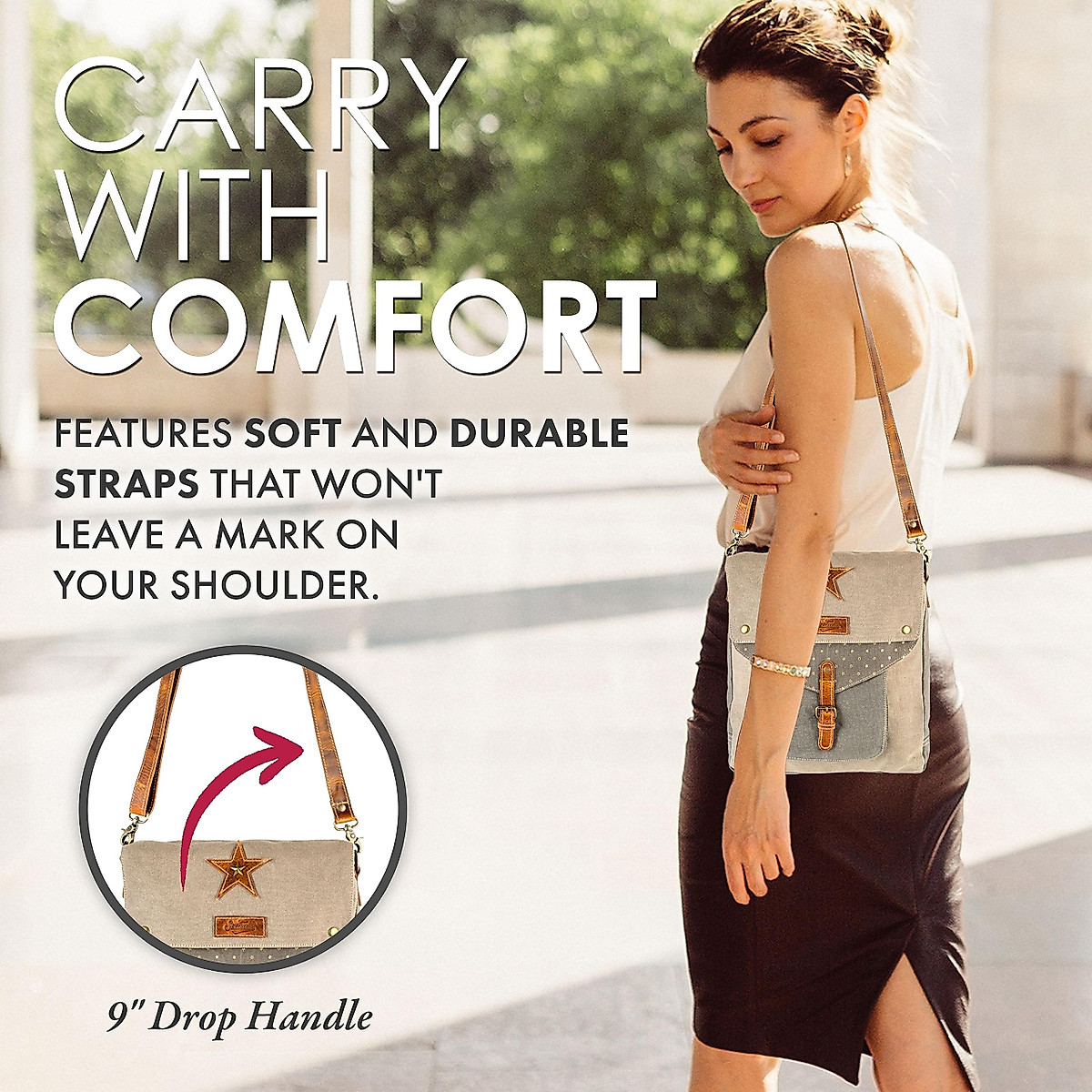 SIXTEASE Womens Shoulder Bag Vintage Style Shoulder Bags for Women - Made with Genuine Leather, Upcycled Canvas, or Hair On - Handmade, Adjustable Strap, Brass and Zinc Hardware - Miranda