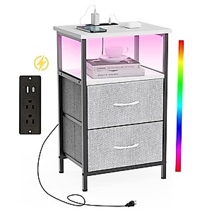 Innerjoin Nightstand with Charging Station USB A&C Ports, LED Nightstand with 2 Drawers & Storage Shelf, Bed Stand Side End Table for Bedroom Living Room Dorm, White
