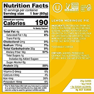 No Cow High Protein Bars, Lemon Meringue - Healthy Snacks, 20g Vegan Protein, High Fiber, Low Sugar, Keto Friendly, Dairy & Gluten Free (12 Count)