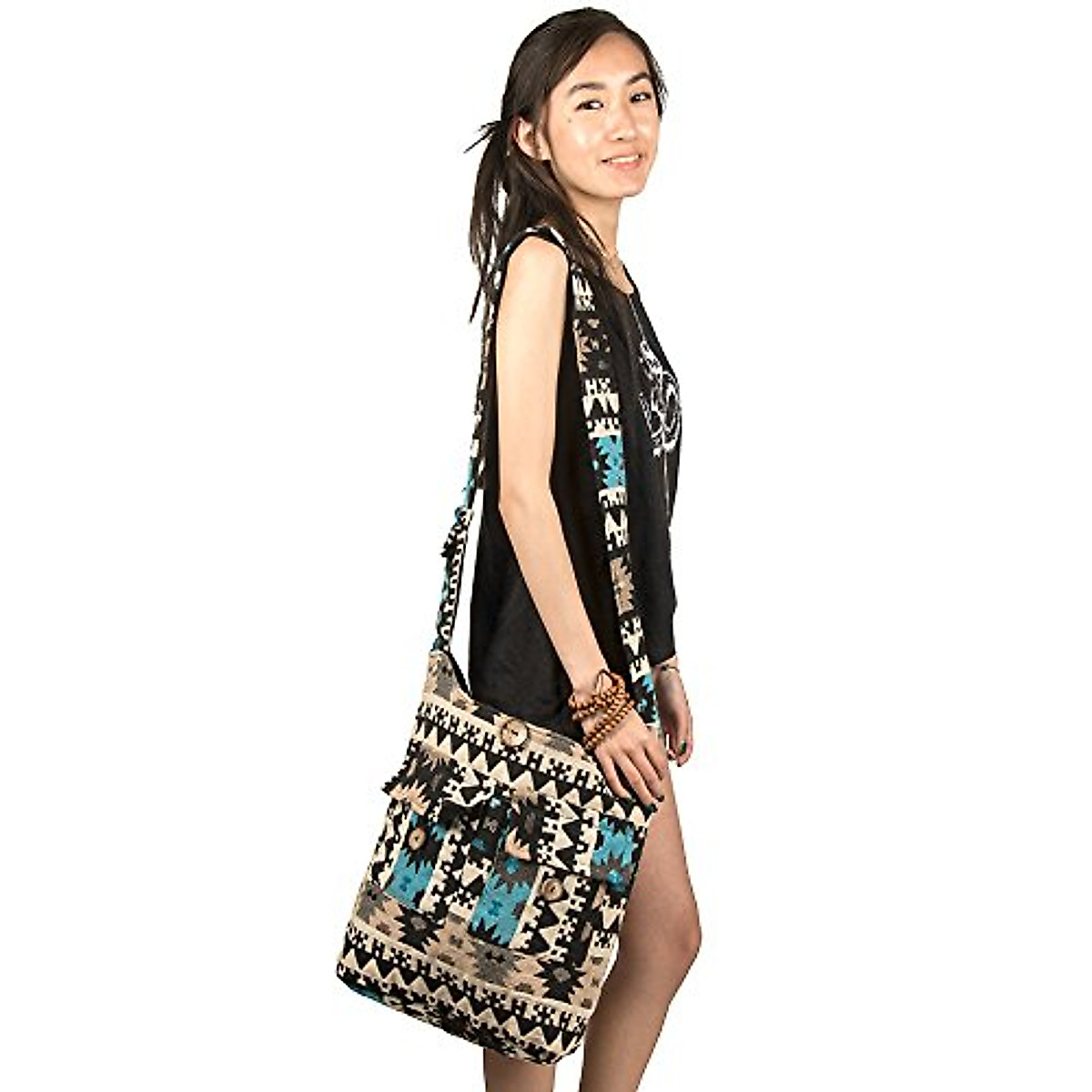 Tribe Azure Large Quilted Hobo Shoulder Bag Crossbody Sling Beach Travel (Blue Black)