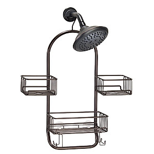 mDesign Modern Metal Wire Bathroom Tub & Shower Caddy, Hanging Storage Organizer Center - 2 Wash Cloth/Razor Hooks, 3 Baskets - for Bathroom Shower Stalls, Bathtubs - Rust Resistant - Bronze