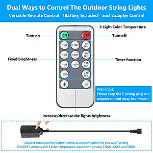 3 Color Dimmable LED Outdoor String Lights with Remotes, 48FT Waterproof Patio Hanging Lights with Shatterproof E26 S14 LED Bulbs for Bistro Cafe Pergola Party, Warm White/Nature White/Daylight White