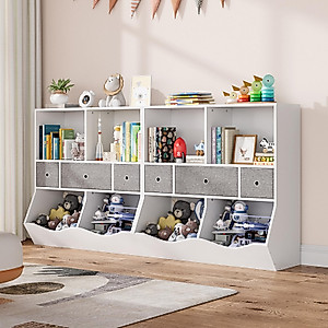Amyove Kids Toy Storage Organizer, Kids Bookshelf with 2 Bookshelfs, 3 Removement Drawers and 2 Cubbies, Toy Organizers and Storage for Living Room, Kids Bedroom, Nursery, Playroom, White