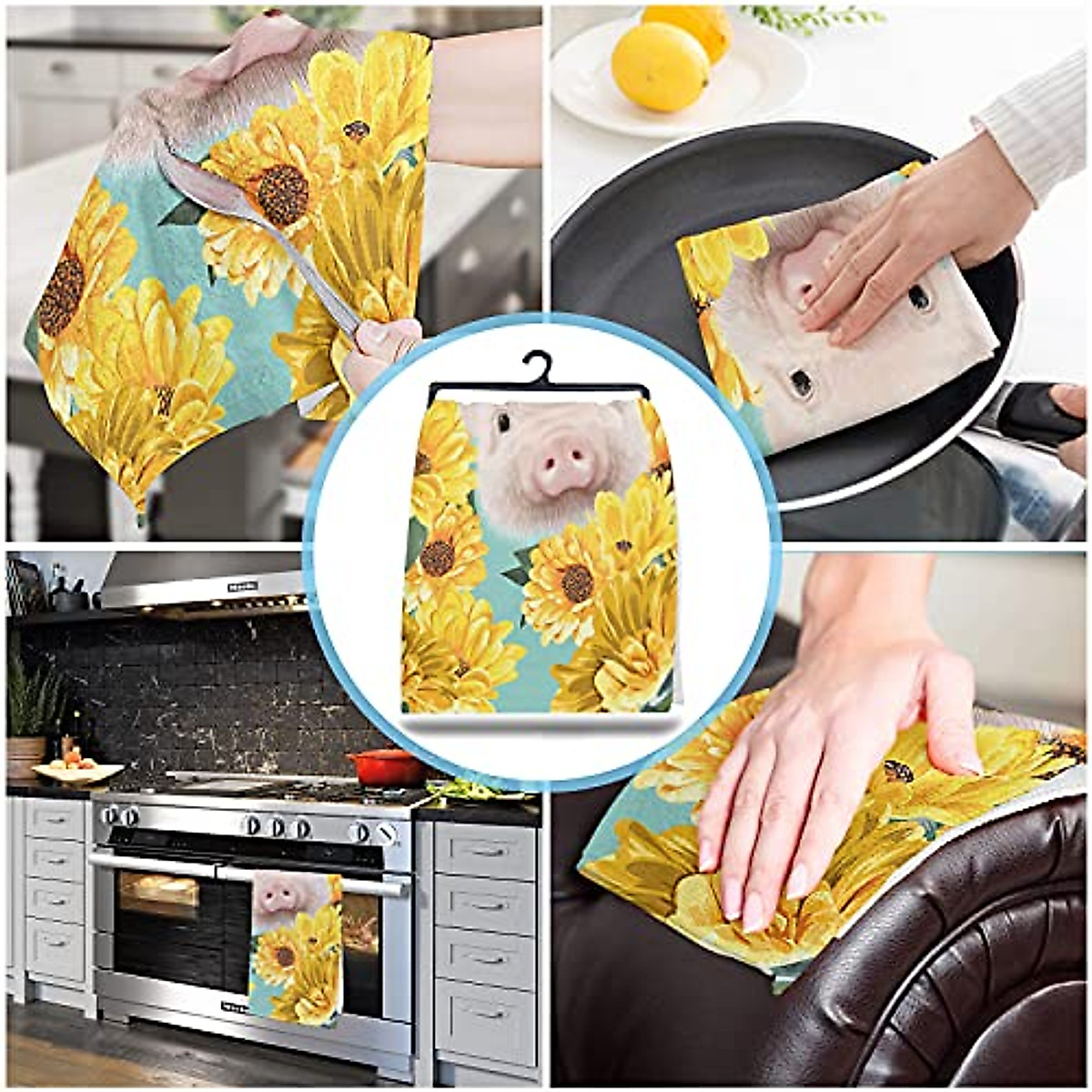Farm Cute Pig Kitchen Towels Dish Cloth Towel Absorbent Hand Towel Cleaning Cloth,Idyllic Chrysanthemum Flower Dishcloth Quick Drying for Dishes Counter 2 Pack