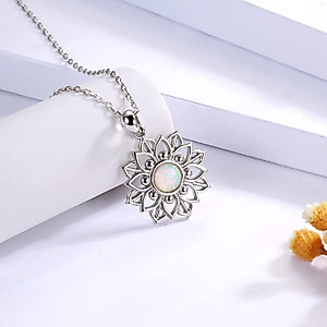 MANBU Sterling Silver Lotus Flower Necklace - Mandala Flower of Life Pendant Yoga Jewelry Gift for Women Yoga Lovers (Opal)