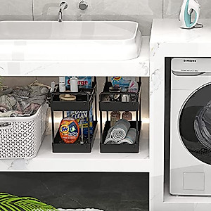 Ronlap 2 Pack Under Sink Organizers and Storage, 2 Tier Bathroom Organizer Under Sink with Handle Hanging Cup Hooks Dividers, Kitchen Organization and Storage Under Sink Cabinet Counter Shelf, Black