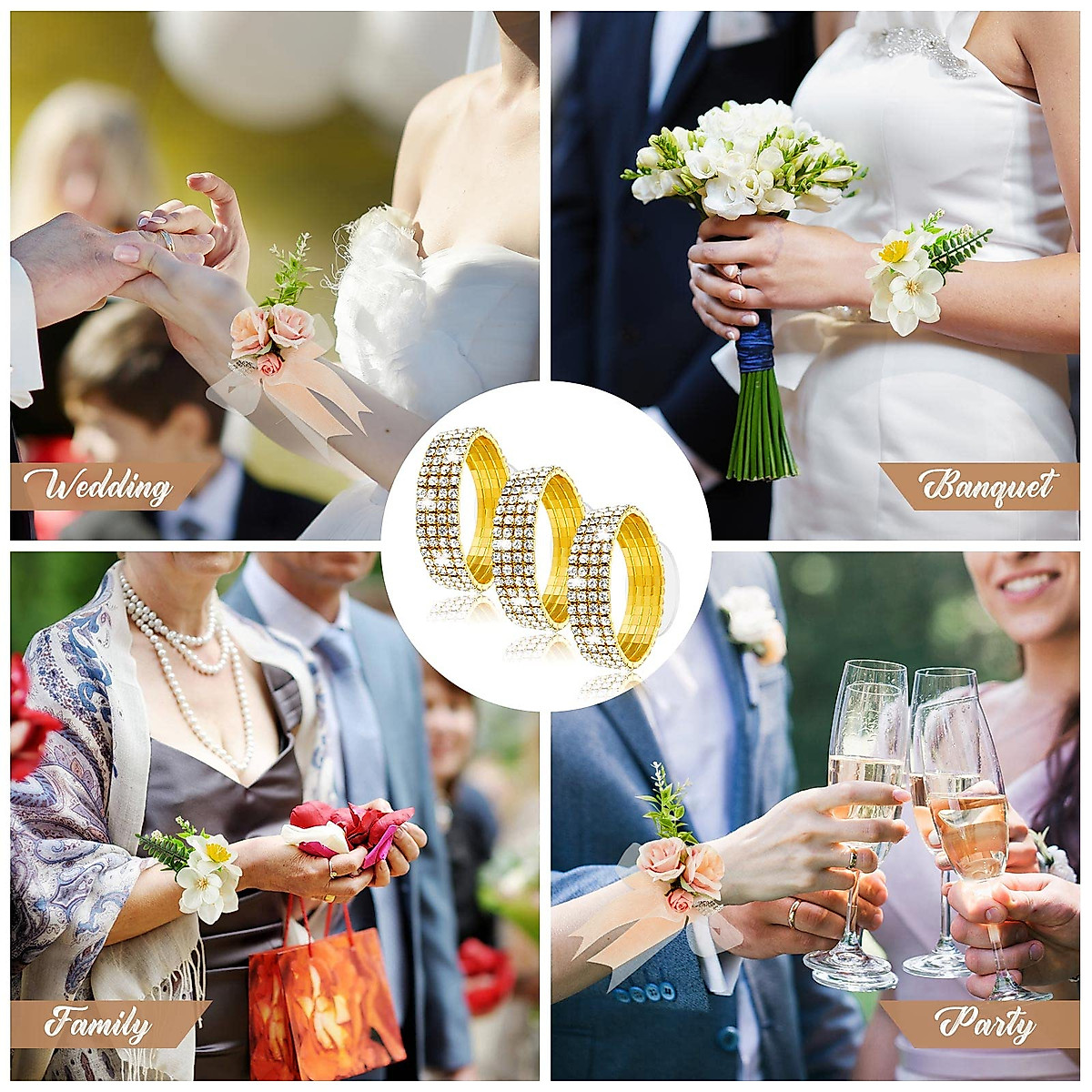 Junkin 6 Packs Corsage Bracelet Wrist Corsage Rhinestone Elastic DIY Wrist Rhinestone Bracelet Accessories for Wedding Decor Prom Ceremony Anniversary Bridal Shower Party(Gold)