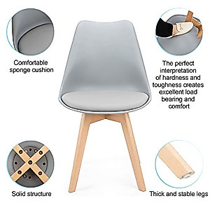 Echoamo Dining Chairs Set of 4, Mid Century Modern DSW Chair, Durable PU Cushion with Beech Wood Legs and Soft Padded Upholstered Dining Chair for Dining Room, Living Room, Bedroom, Kitchen (Grey)