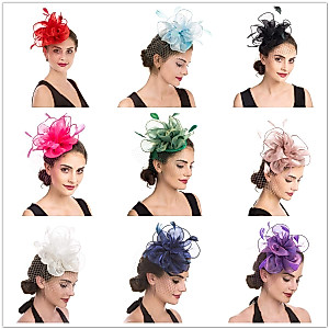 SAFERIN Fascinator for Women Hair Clip Hat Bowler Feather Flower Veil Wedding Party Hat Tea Hat（TA2-Pink）