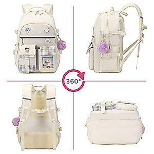 KIDNUO Backpack for Girls, 15.6 Inch Laptop School Bag Kids Kindergarten Elementary College Backpacks Large Bookbags for Teen Girls Women Students Casual Travel Daypacks (Beige)
