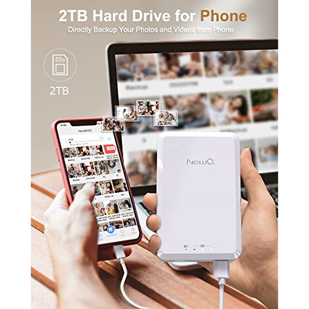 NEWQ Hard Drive for Phone Computer: 2 TB Photo Stick Portable Storage Device External HDD USB Flash for iPhone & iPad & Android Cellphone Backup Picture | Photo | Video | Data (2TB)