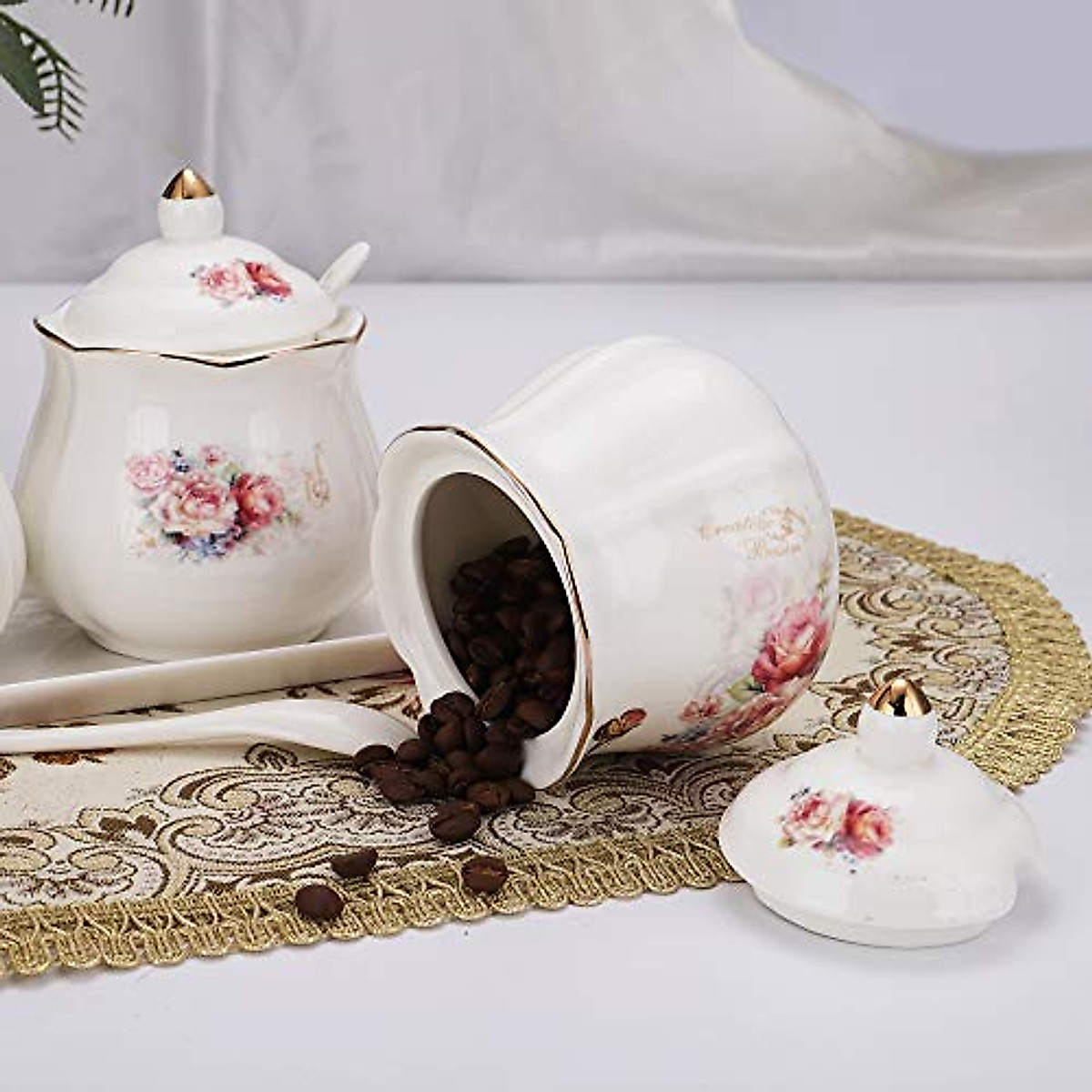 fanquare Sugar Bowl,Flower Cermica Sugar Bowl with Lid,Spoon and Tray,Coffee Sugar Tea Canister Set,Seasoning Box Salt Bowl,Set of 3