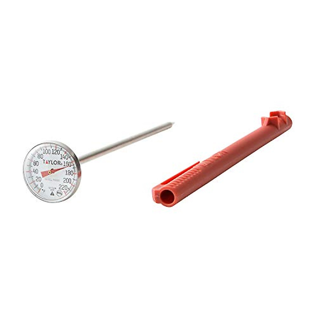 Taylor Instant Read Analog Meat Food Grill BBQ Cooking Kitchen Thermometer with Red Pocket Sleeve for Calibration, 1 inch dial, Stainless Steel