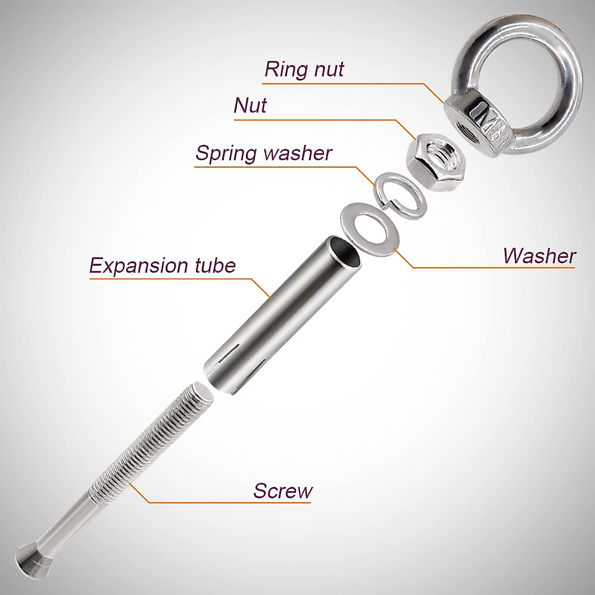 M8* 80mm Expansion Screw with Eye Ring Anchor Internal Eye Bolt Fastener 304 Stainless Steel 5 Pack (Ring Lifting Expansion Eyebolt M8* 80mm)
