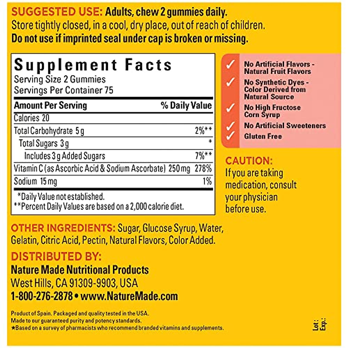 Nature Made Vitamin C 250 mg, Dietary Supplement for Immune Support, 150 Gummies, 75 Day Supply
