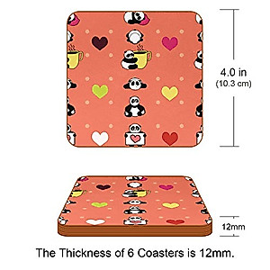 Funny Sleepy Panda Coffee and Hearts Pattern Coasters for Drinks, Set of 6, Coasters for Coffee Mugs Cups Beer Wine Bottle Cocktail Desk Prevent Furniture from Dirty and Scratched
