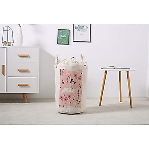 Laundry Bag Tote Cute Rabbits Flowers Pink Handles Large Capacity Cotton Linen Durable Drawstring Top Closure Lid Waterproof Storage Dirty Clothes Basket