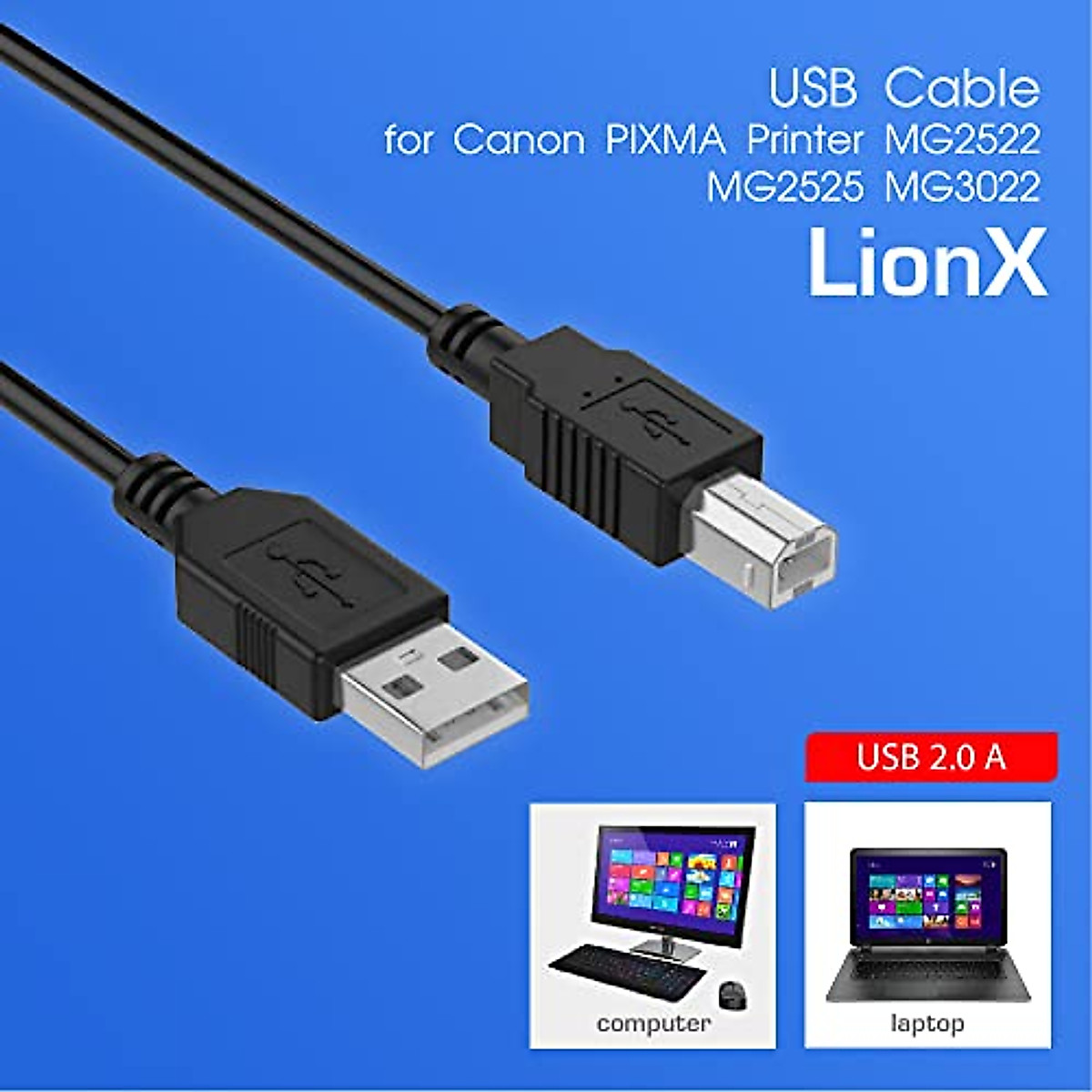 LIONX USB Canon Printer Cable to Computer for PIXMA Printer 6 feet USB 2.0