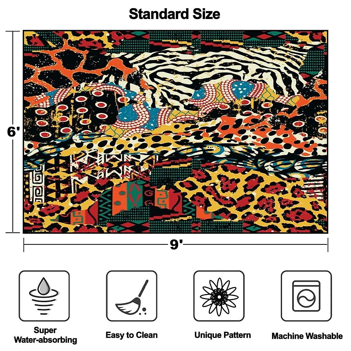 Area Rug Traditional African Fabric Wild Animal Seamless Pattern Washable 6x9 feet Large Rugs for Bedroom Kitchen Living Room Non Slip Outdoor Carpets Soft Mats for Home Playroom Decor