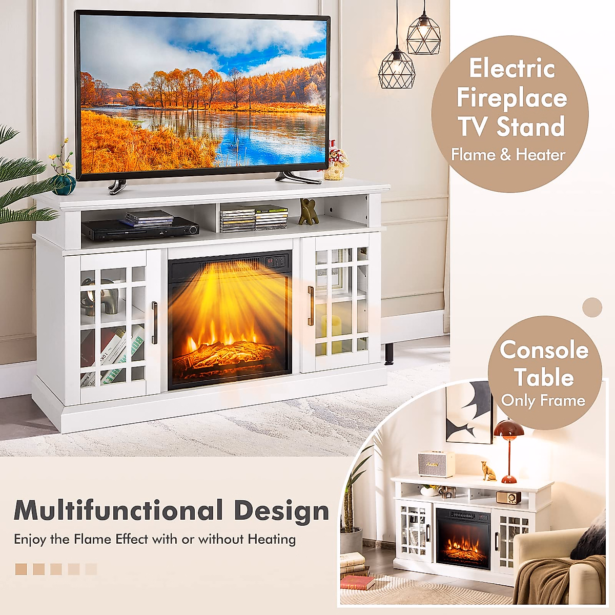 Tangkula Electric Fireplace TV Stand for TVs Up to 50 Inch, Fireplace Entertainment Center with Two Side Cabinets & Adjustable Shelves, Electric Heater with Overheat Protection, Remote Control (White)