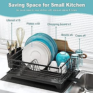 MAJALiS Dish Drying Rack, Dish Racks for Kitchen Counter, Dish Drainer with Drainboard Set, Drying Mat, Glass & Utensil Holder, Durable Stainless Steel Kitchen Organizer and Storage, Black