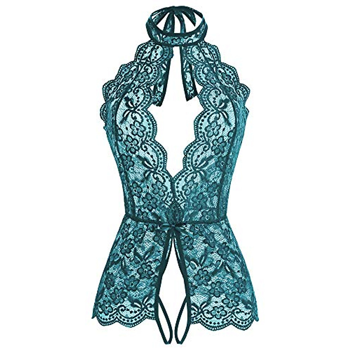 Women One Piece Lingerie Lace Baby Dolls Teddy Deep V neck Halter Bodysuit Chemise Sleepwear (Dark turquoise, XL)