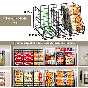 X-cosrack XXL Stackable Wire Baskets for Pantry Organizers and Storage, 2 Pack Snack Organizer Baskets with 4 Removable Dividers, Metal Pantry Storage Bins for Snack Canned Spice Food, Black