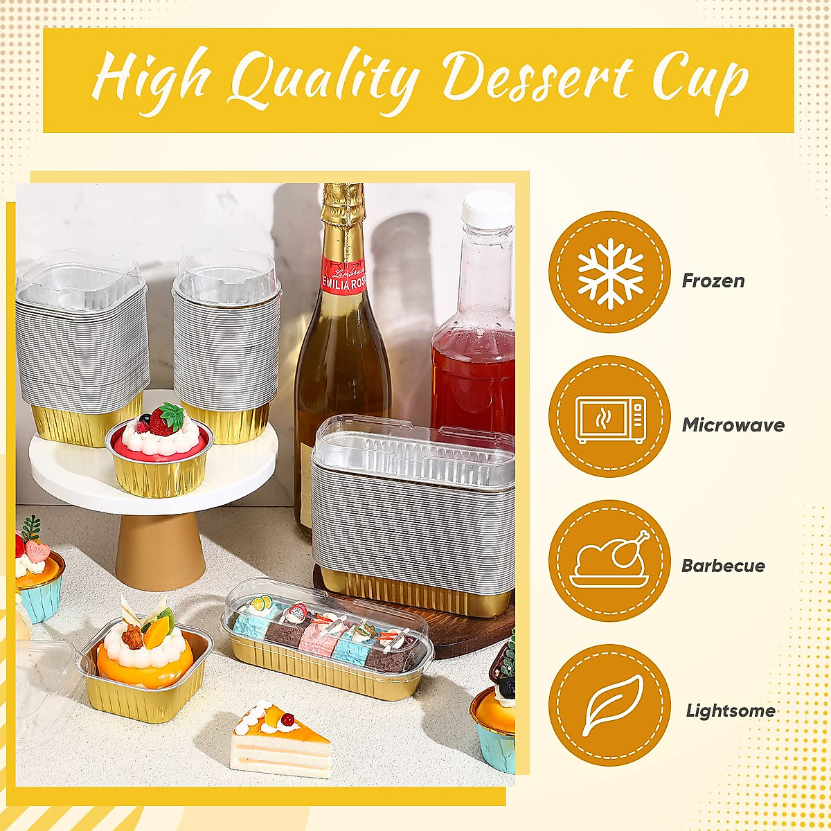 150 Pcs Mini Cake Pans with Lids Disposable Ramekins 6.8 oz 5 oz Aluminum Foil Cupcake Baking Cups, Rectangle Round Square Cupcake Liners Cake Tins for Flan Muffin Dessert Party Favors, Gold