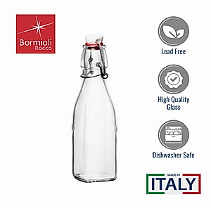 Bormioli Rocco Set Of 2 Square Swing Top Glass 8.5 Oz. Bottles With Airtight Hermetic Lid, Bottles Kombucha, Beer, And Limoncello, Dishwasher Safe, Made In Italy.
