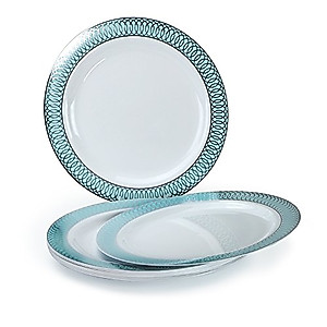 " OCCASIONS " 50 Plates Pack (25 Guests)-Heavyweight Wedding Party Disposable Plastic Plate Set -25x10.5'' Dinner+25x7.5'' Salad/dessert plates (Venice in White/Blue & Silver)