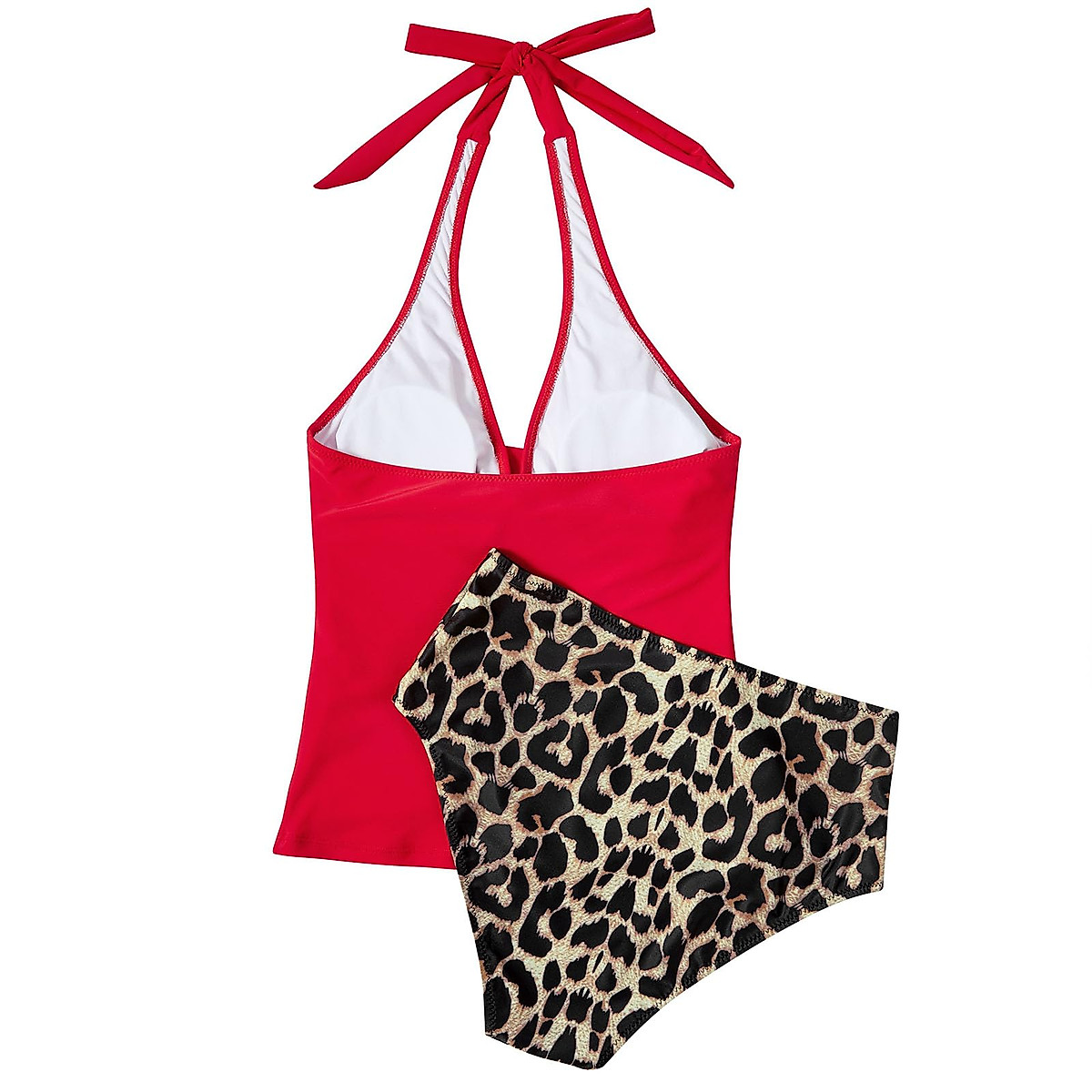 SUUKSESS Women Sexy Halter Tankini Bathing Suits Slimming Tummy Control High Waisted Swimsuits 2 Piece (Red Leopard, XL)