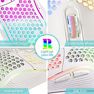 LETGOALL Lightweight Honeycomb Gaming Mouse, High Precision 7200DPI Optical Sensor, RGB Backlight, Wired, Ergonomic USB Computer Mouse for PC, Mac, Laptop (White)