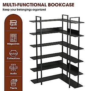Corner Bookcase, 6-Tier L-Shaped Tall Bookshelf with Open Storage, Freestanding Industrial Shelf with Metal Frame for Home Office Funiture(Black)