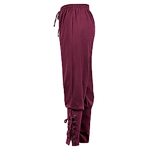 Men's Ankle Banded Cuff Renaissance Pants Medieval Viking Navigator Trousers Pirate Cosplay Costume with Drawstrings Wine Red-2XL