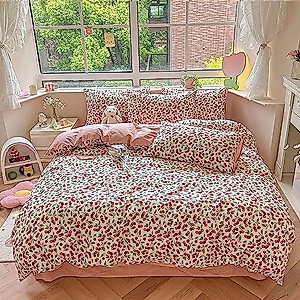 Cherry Duvet Cover Set, 100% Cotton Pure Cotton Printing，Home Standard Four-piece Bedding Set Decorative, Deep Pocket, Warm, Super Soft, Breathable Sheets with 2 Pillow Shams, Red ( Size : A1.2m3pcs )