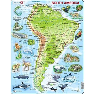 Larsen Puzzles South America Map with Animals 65 Piece Children's Educational Jigsaw Puzzle